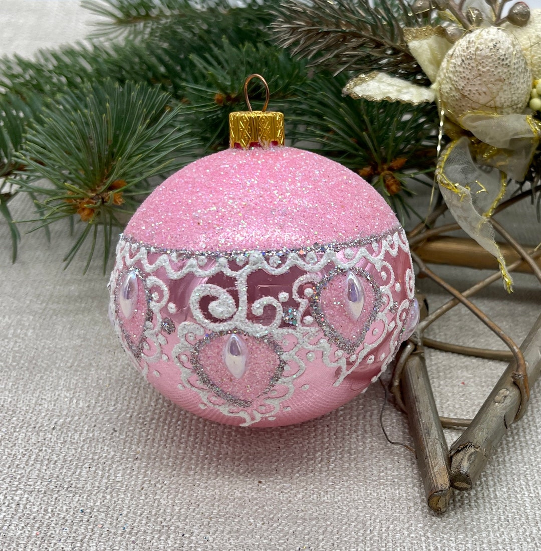 Pink Christmas Glass Ball Ornament, Hand Painted Christmas Glass ...