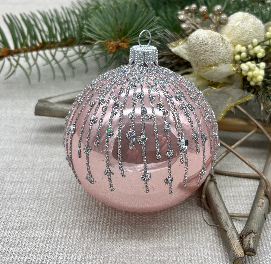 Pink Christmas Glass Ball Ornament, Hand Painted Christmas Glass ...