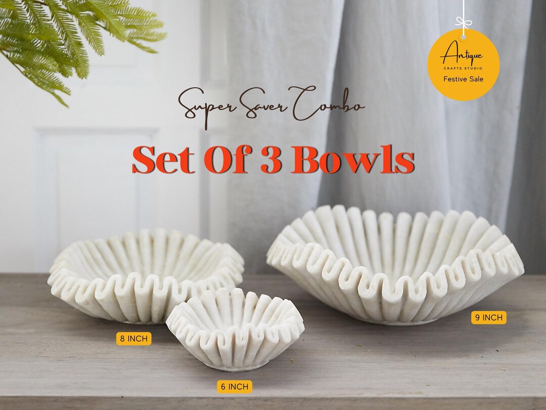 Set of 3 Marble Ruffle Bowls, Marble Fluted Bowl, Scalloped Bowl ...