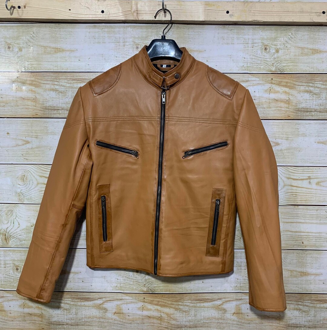 Tan Leather Jacket Men Biker Jacket Leather Motorcycle Jacket ...