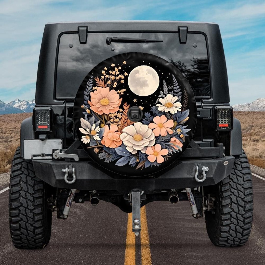 Boho Spare Tire Cover With Moon and Flowers, Moon Tire Cover for Jeep ...