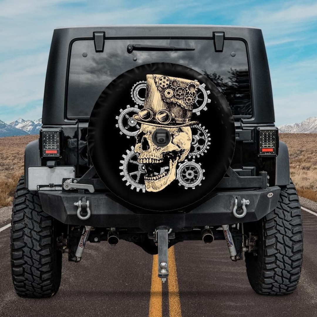 Spare Tire Cover Steampunk Skull Tire Cover Rear Camera Hole Tire