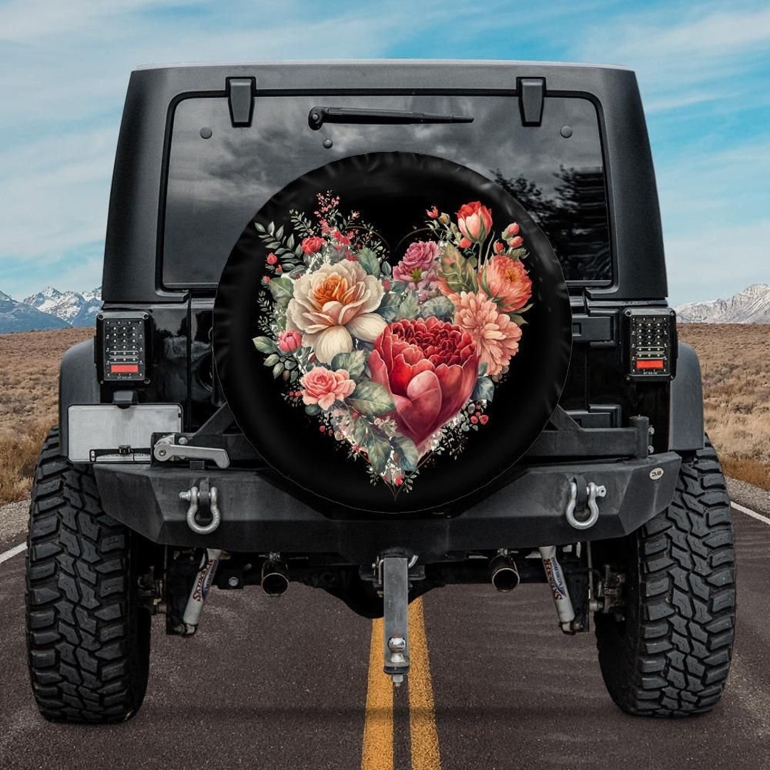 Floral Heart Spare Tire Cover, Girly Tire Cover, Backup Hole Camera ...