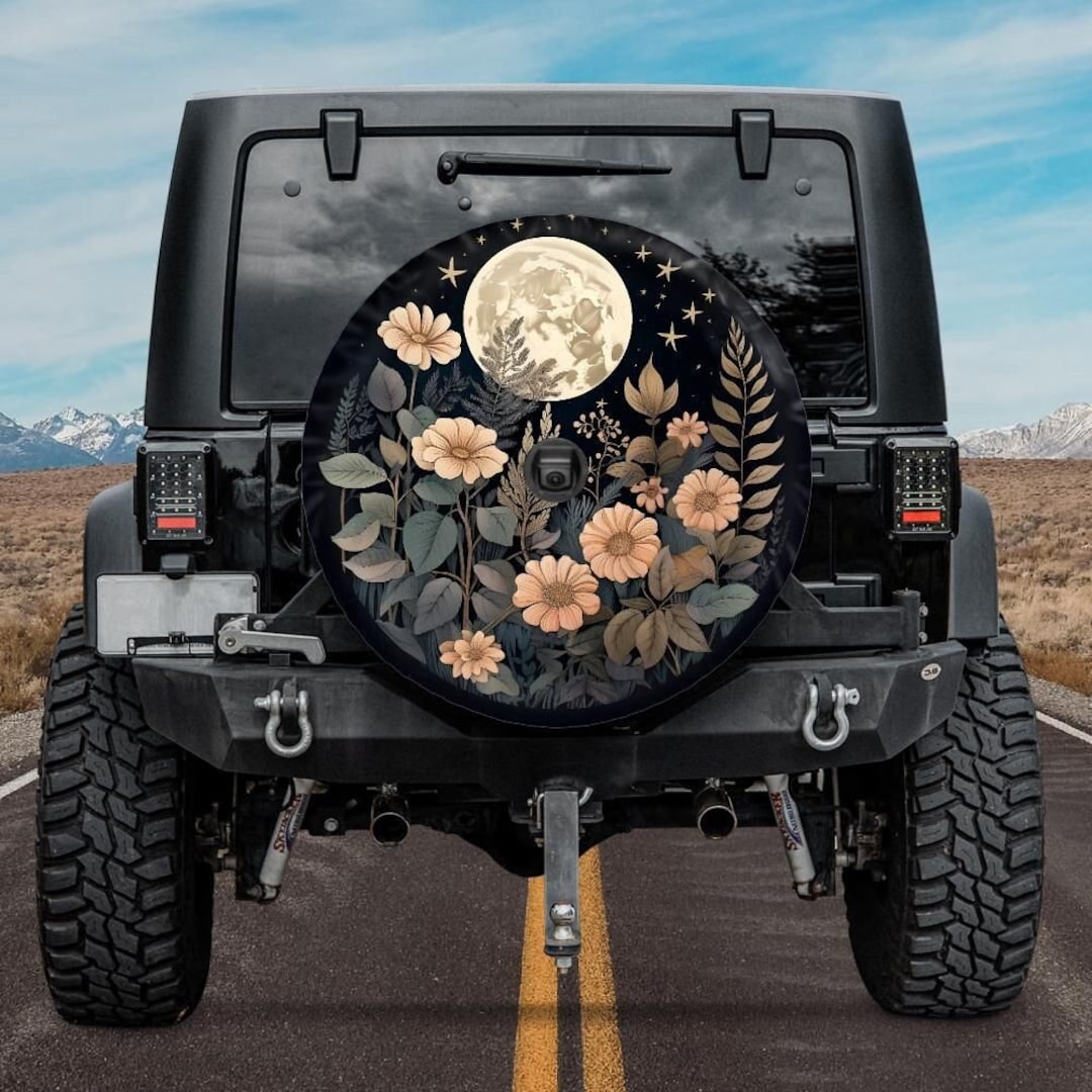 Boho Tire Cover With Moon and Orange Flowers, Moon Tire Cover for Jeep ...