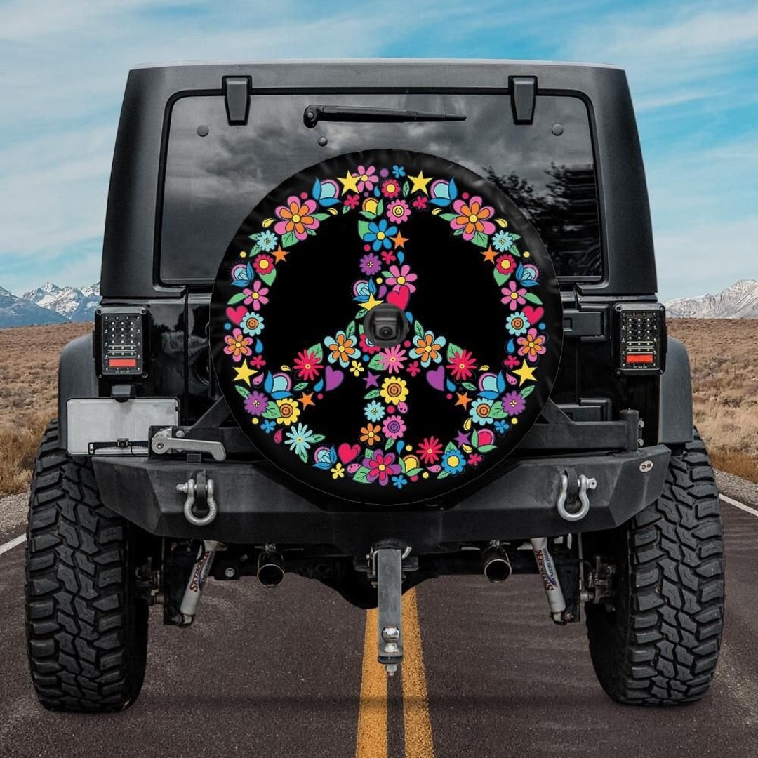 Spare Tire Cover With Floral Peace Sign, Hippie Peace Spare Wheel Cover ...