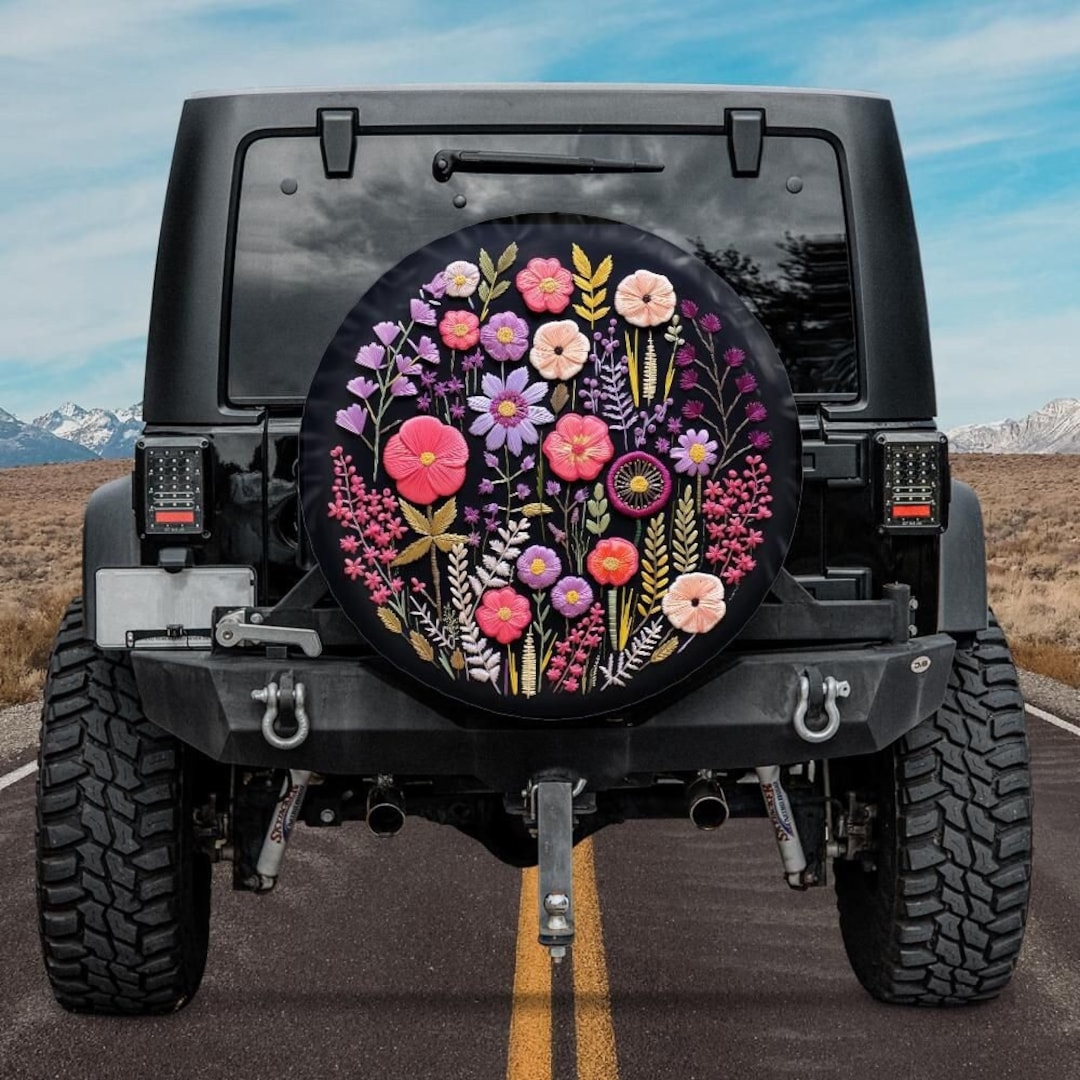 Faux Embroidery Spare Tire Cover, Botanical Tire Cover With Purple and ...