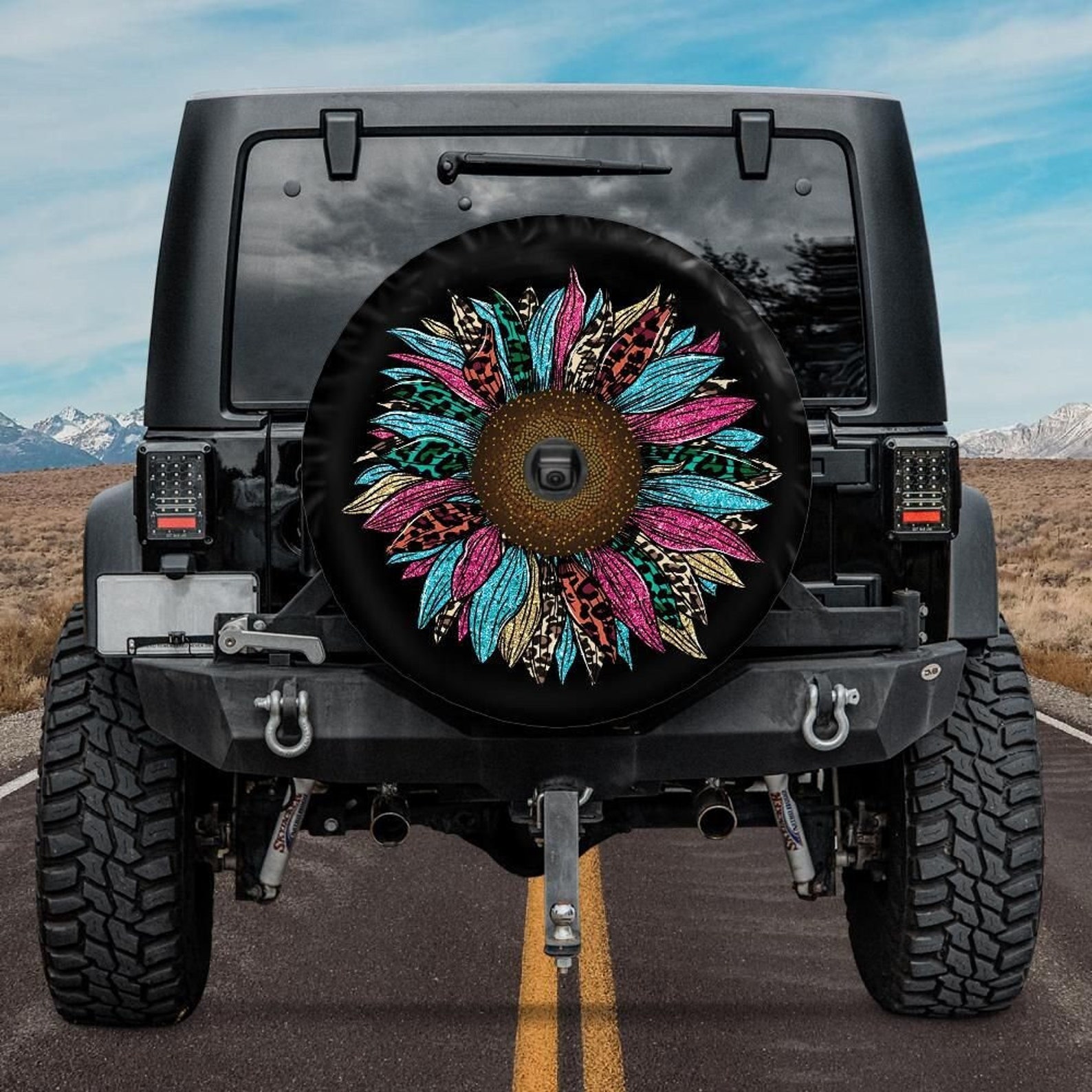Spare Tire Cover With Blue and Purple Sunflower Design, Cheetah ...
