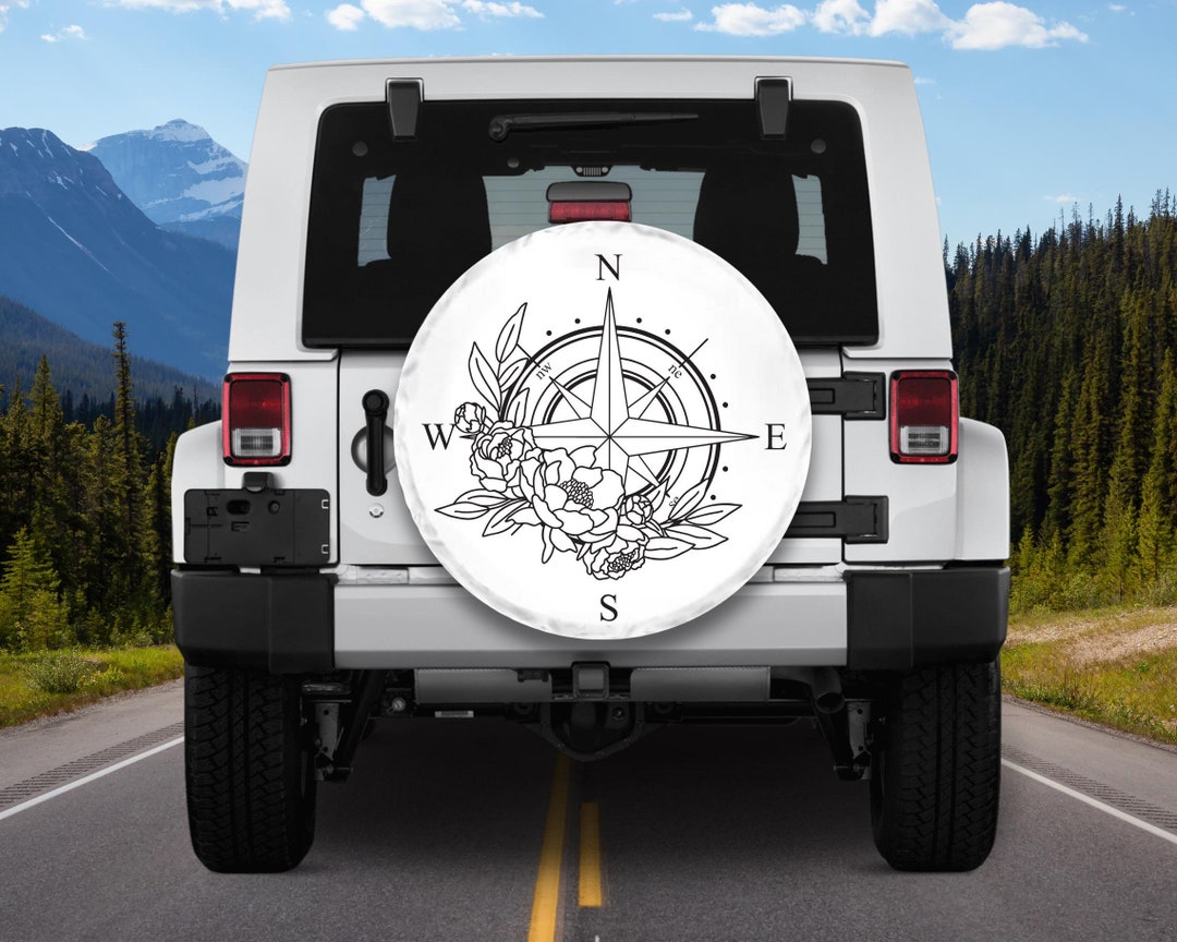 All White Tire Cover With Floral Compass, White Spare Tire Cover, White ...