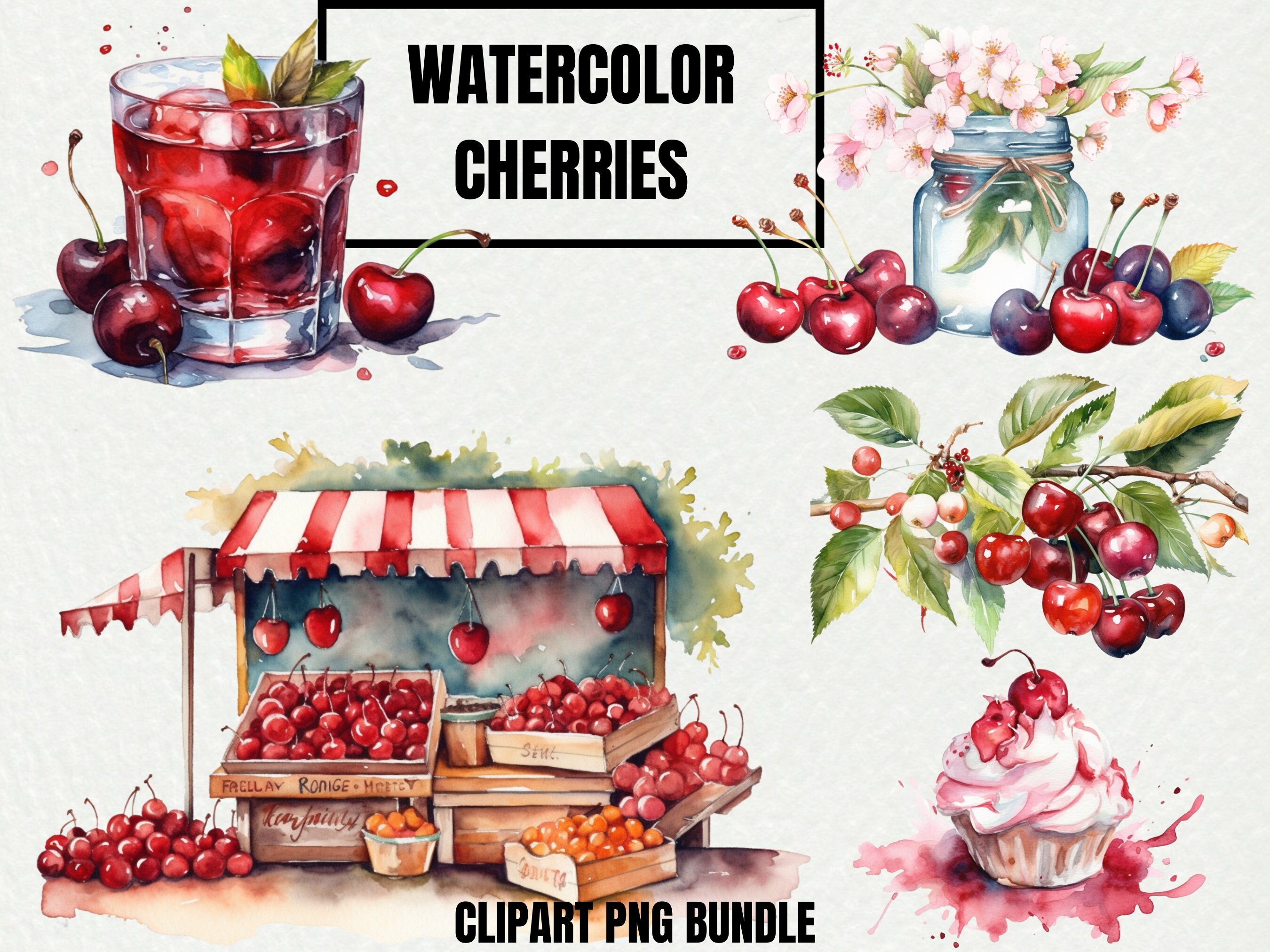Watercolor Cherries Clipart Bundle | Red Cherry Digital PNG | Fruit ...