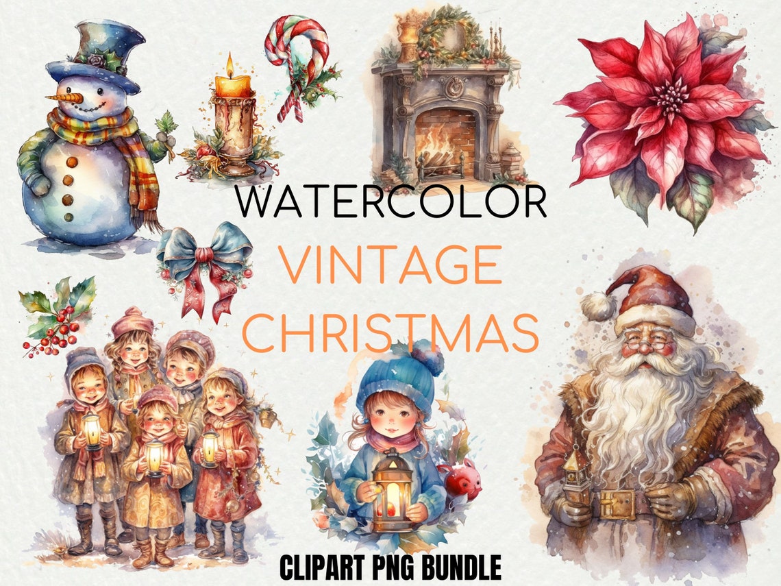 Watercolor Vintage Christmas Clipart Painted Christmas Illustrations ...