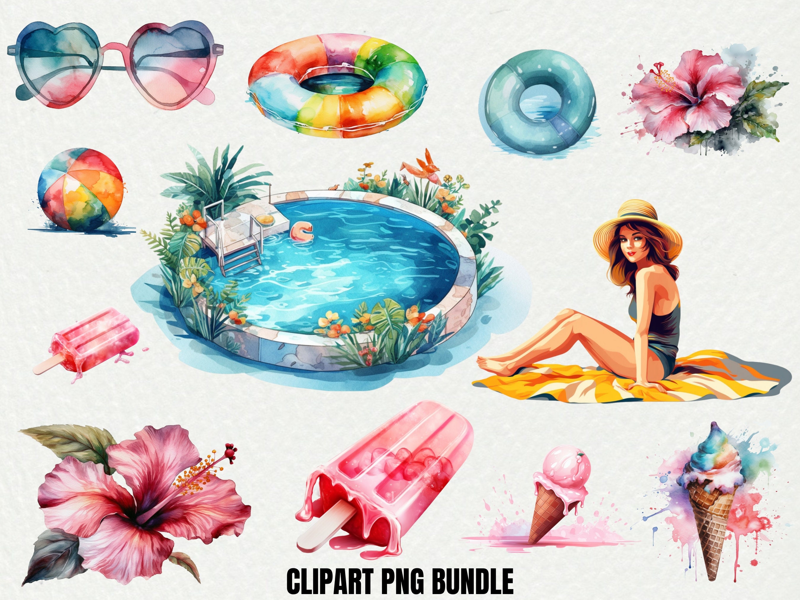 Watercolor Summer Party Clipart | Pool Beach Party | Summer Vacation ...
