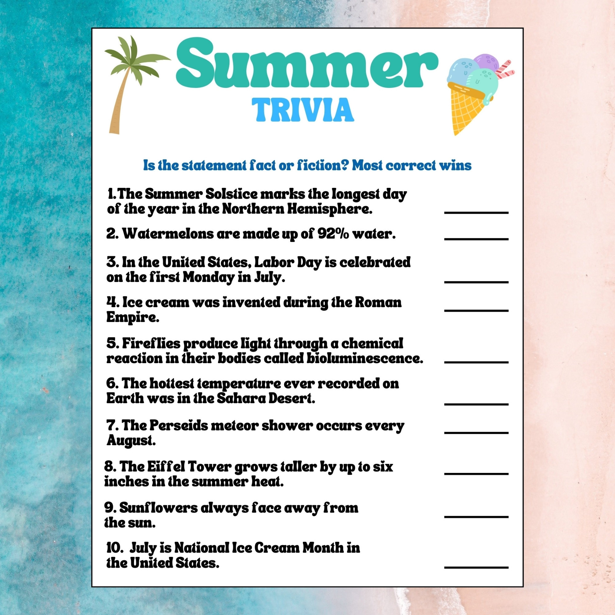 Summer Trivia Quiz Game | Printable Kids Activities | Summer Family ...