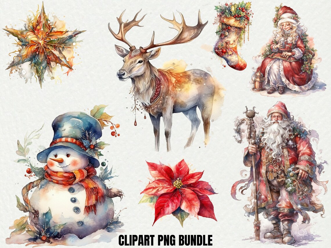 Watercolor Vintage Christmas Clipart Painted Christmas Illustrations ...