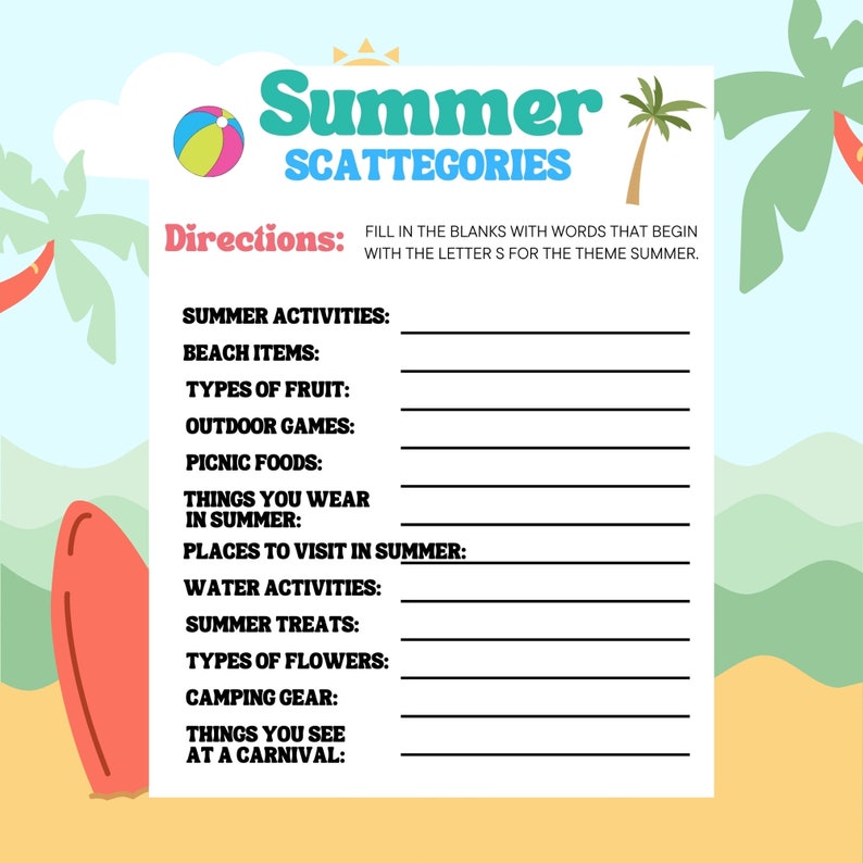 Summer Scattegories Games | Printable Kids Activities | Summer Family ...