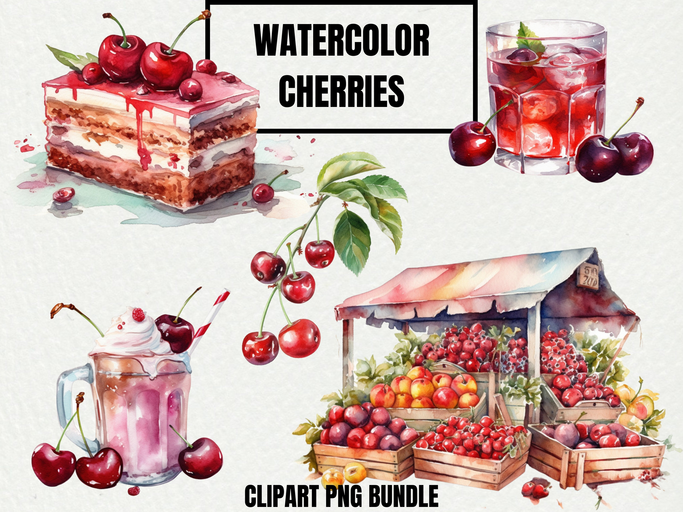 Watercolor Cherries Clipart Bundle | Red Cherry Digital PNG | Fruit ...