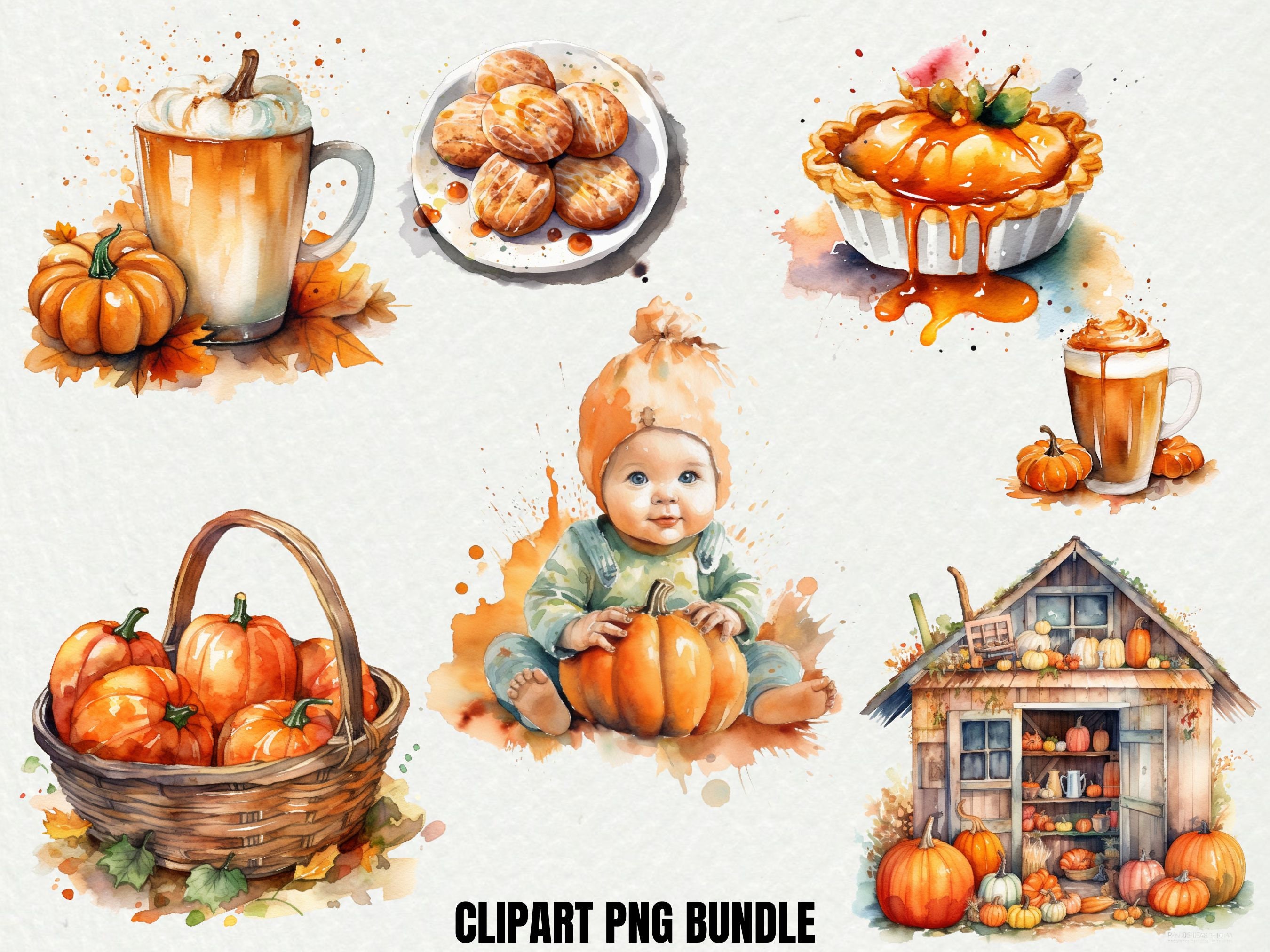 Watercolor Pumpkin Spice Clipart Bundle Cozy Fall Images Pumpkin ...