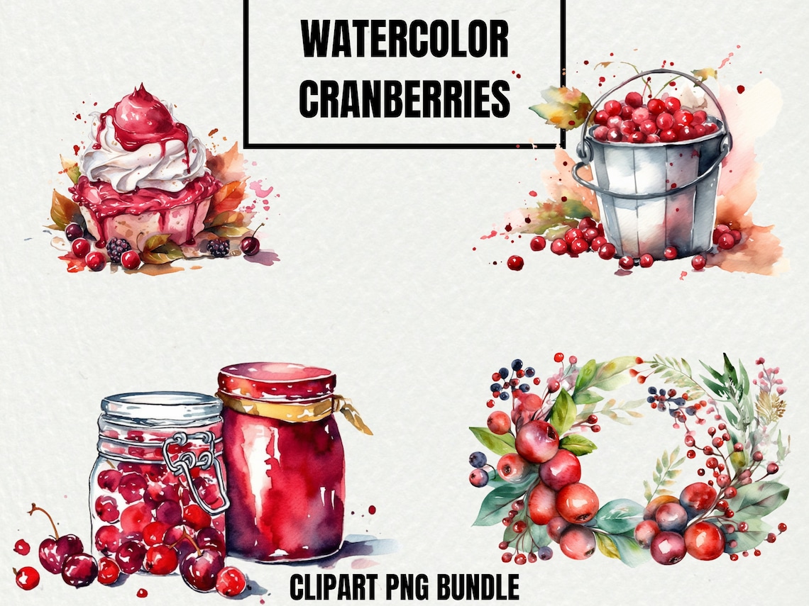 Watercolor Cranberries Clipart Bundle | Digital PNG Cranberry Fruit ...