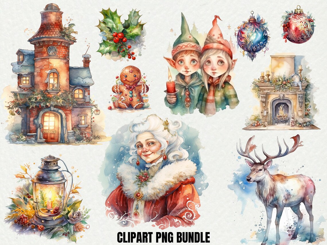 Watercolor Vintage Christmas Clipart Painted Christmas Illustrations ...