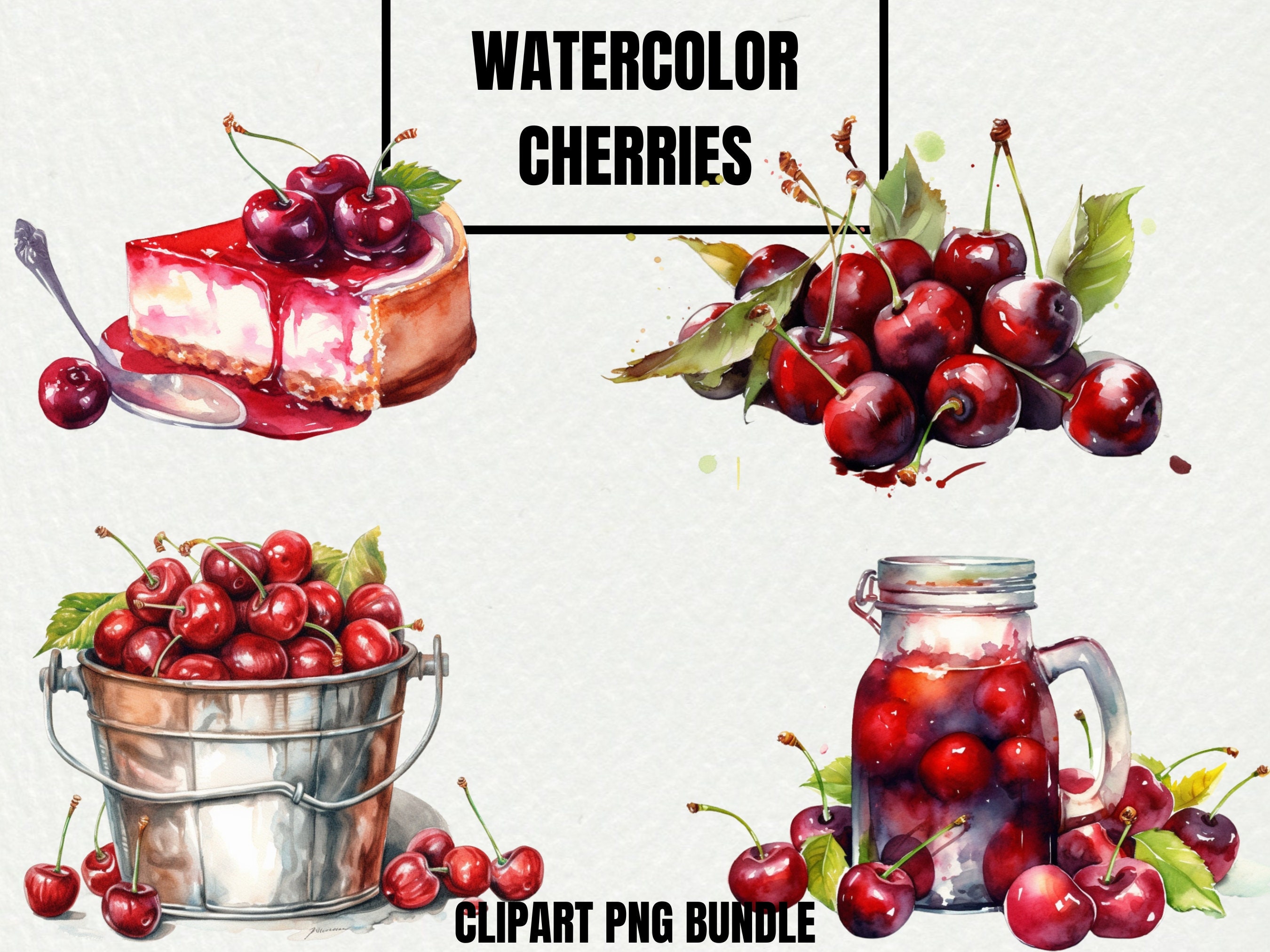 Watercolor Cherries Clipart Bundle Red Cherry Digital PNG Fruit ...