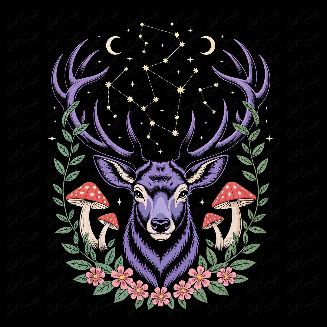 Purple Deer Celestial Art Print: Mystical Stag Illustration (digital ...