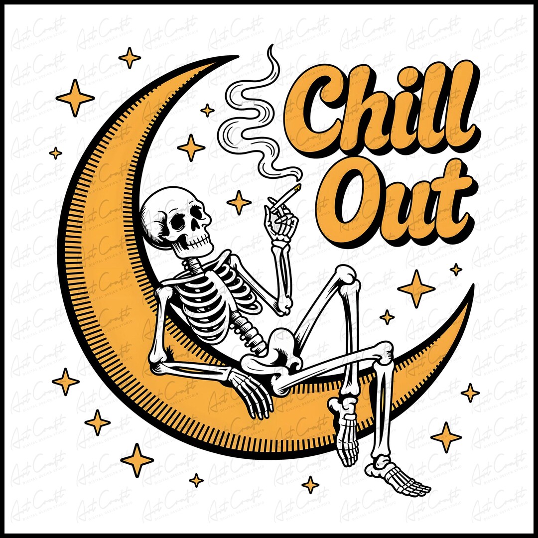 Chill Skeleton on Moon: Retro Vaporwave Halloween Design (PNG, SVG ...