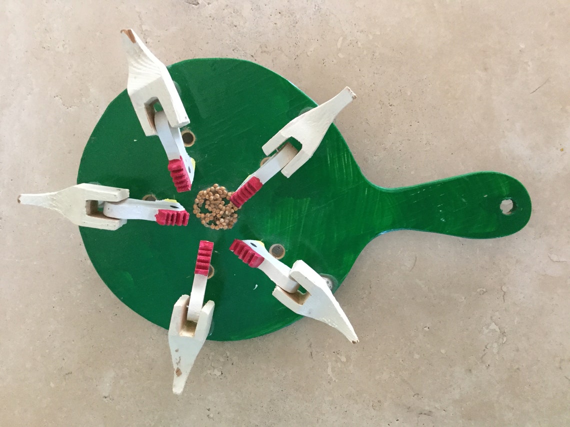 Vintage Wooden Carved Chickens Pecking Corn on Paddle Toy / | Etsy