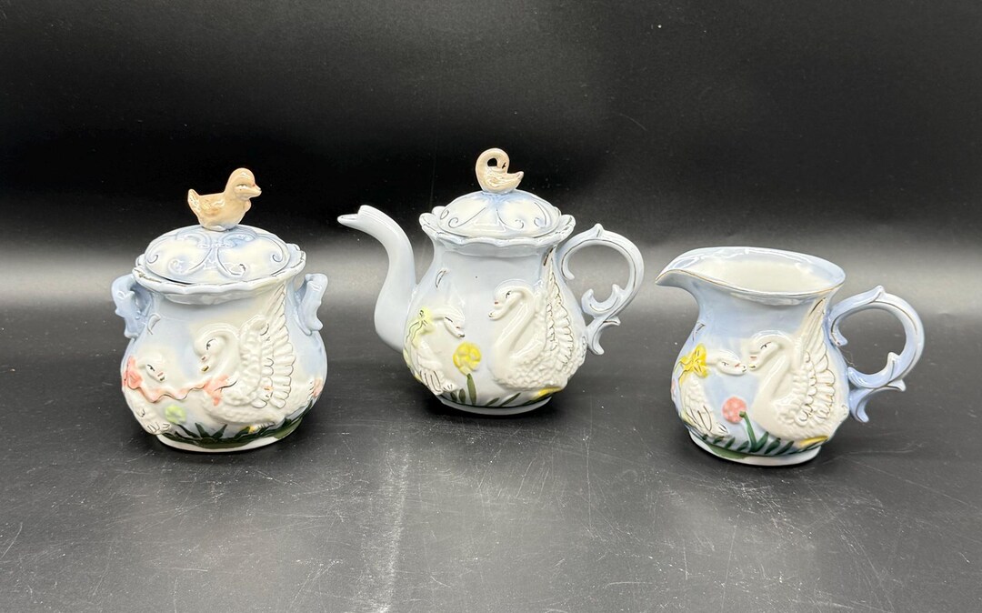 Vintage Swan Tea Set: Sugar, Creamer, Gold Trim - Etsy