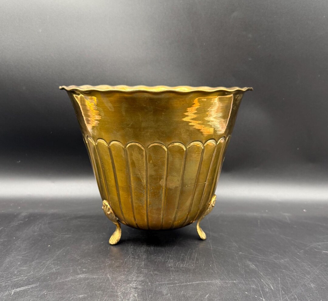 Art Nouveau Brass Cachepot Vintage Brass Scalloped Edges Footed Ribbed ...