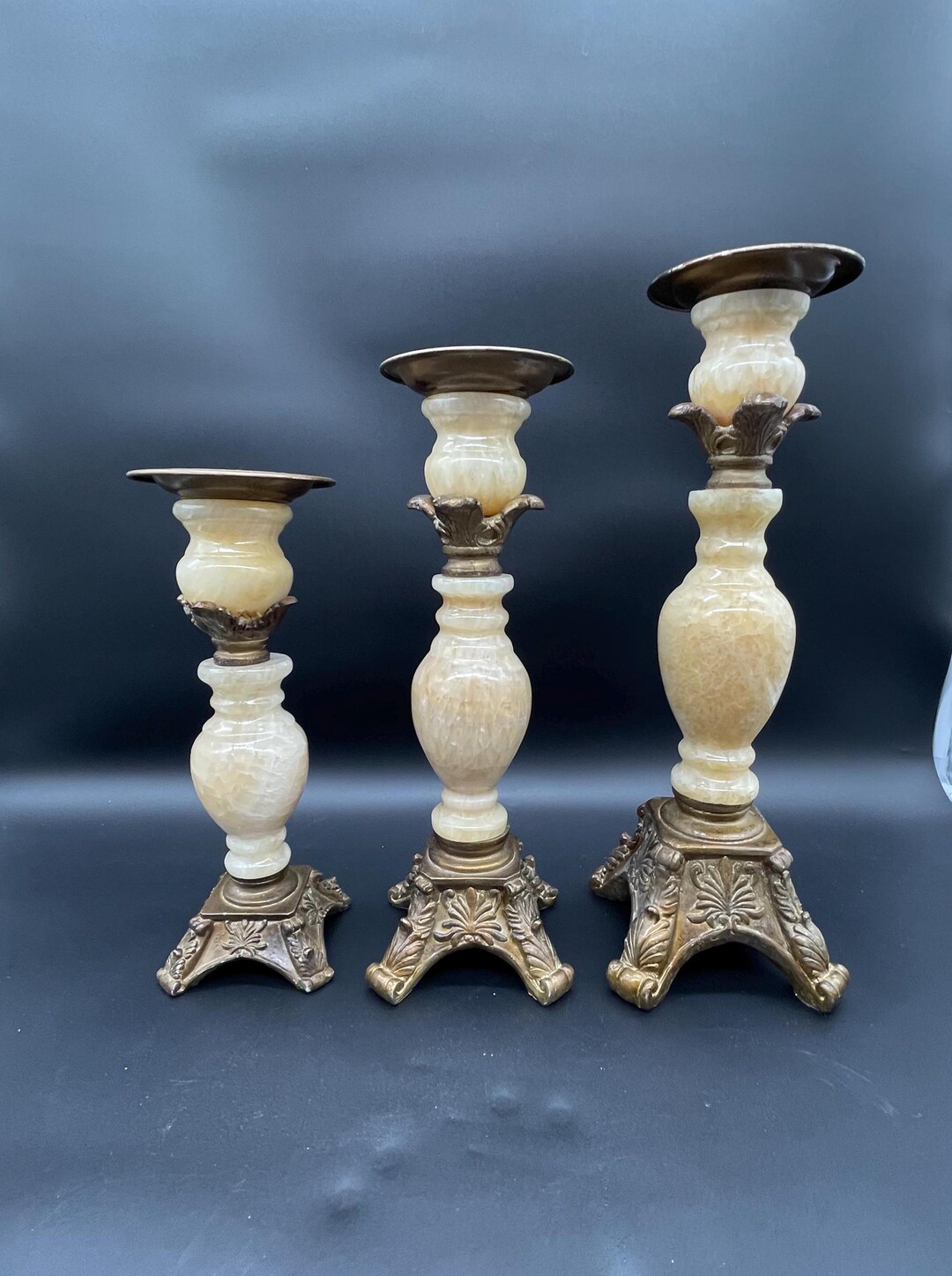 Set of Vintage Art Deco Creamy Alabaster Candle Holders Cast Metal Claw ...