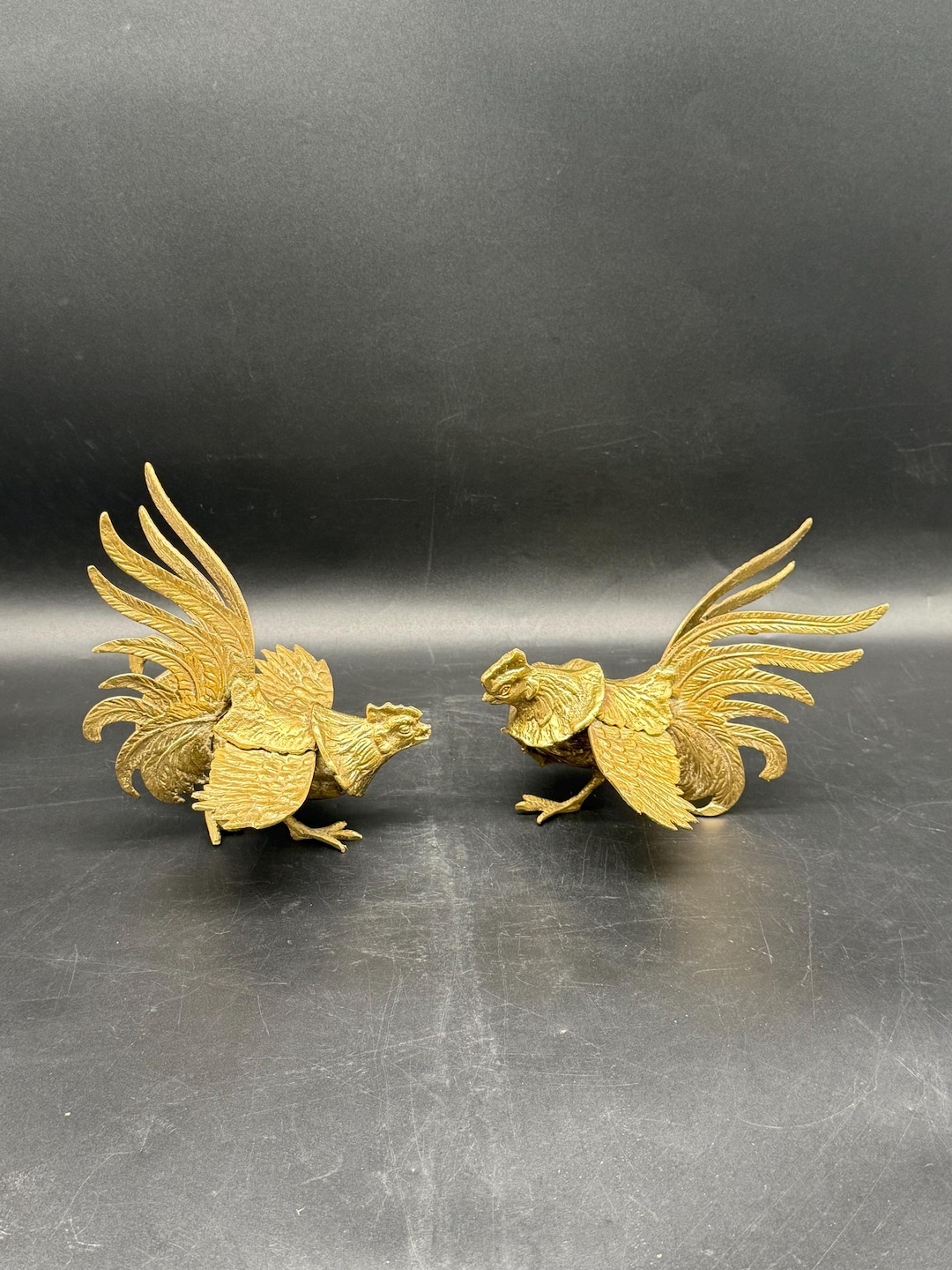 Vintage Brass Fighting Roosters – Mid Century Metal Rooster Figurines ...