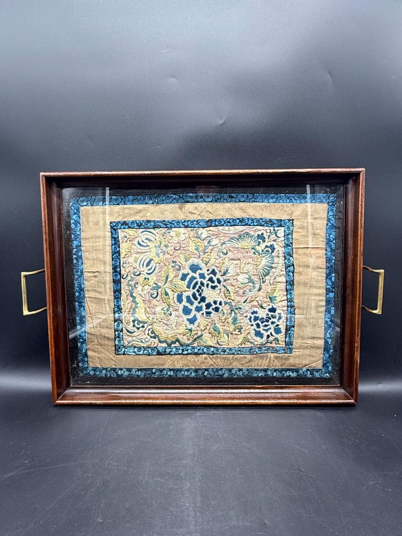 Antique Chinese Silk Embroidered Textile Serving Tray – Blue Floral ...