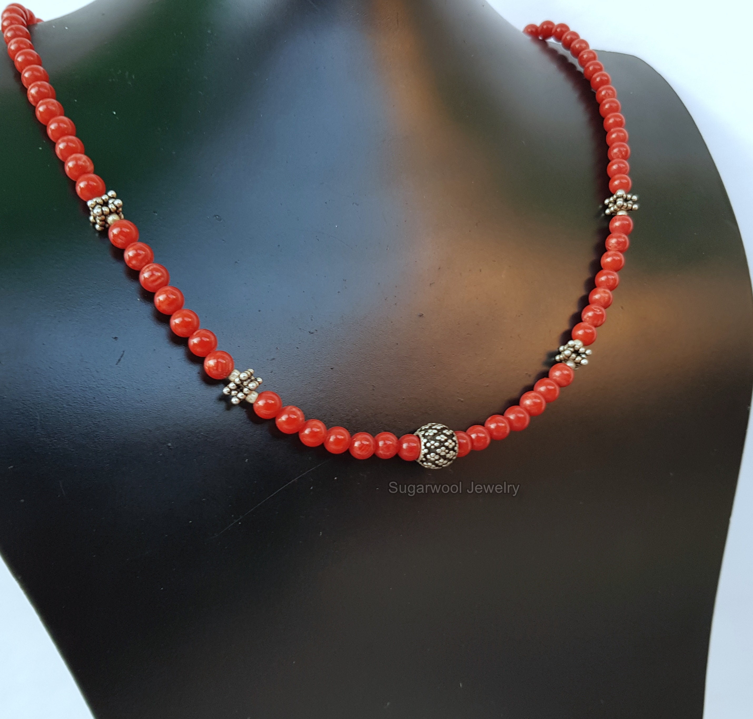 Round Bead Red Coral Necklace Sterling Silver Ball Necklace Etsy Uk