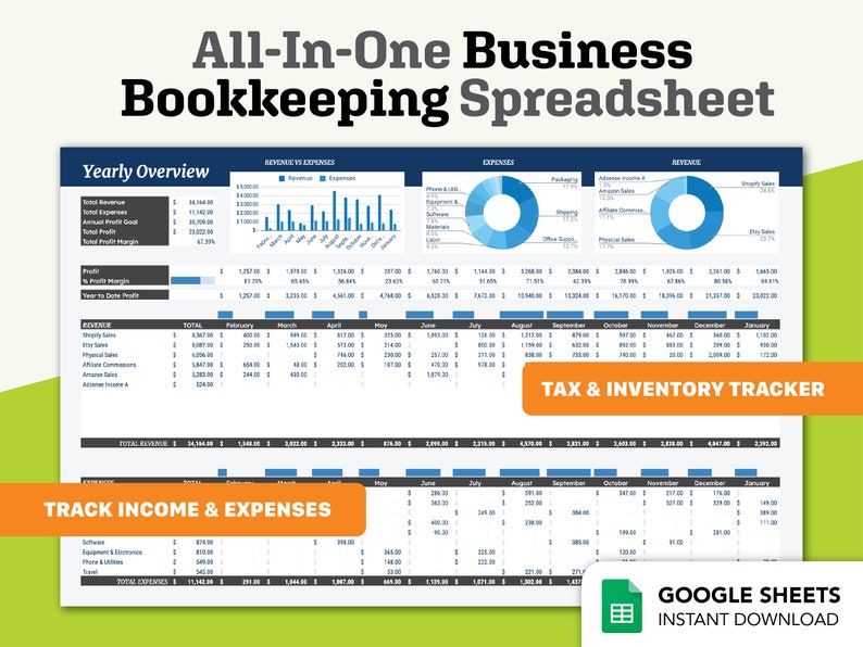 All-in-one Bookkeeping Template, Bookkeeping Small Business, Expense ...