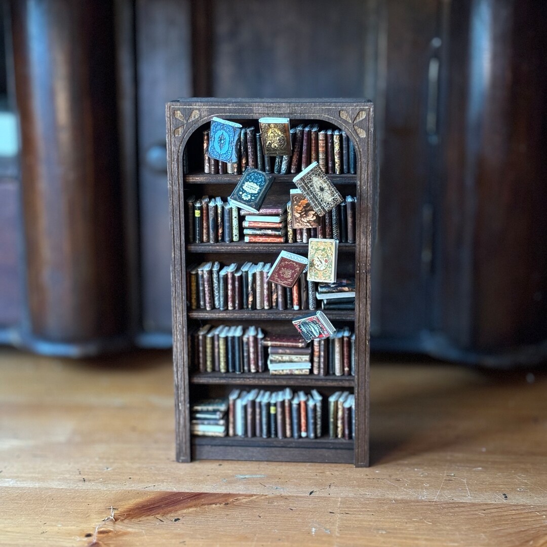 Old Bookshelf With Flying Books Wooden Dollhouse Roombox Miniature ...