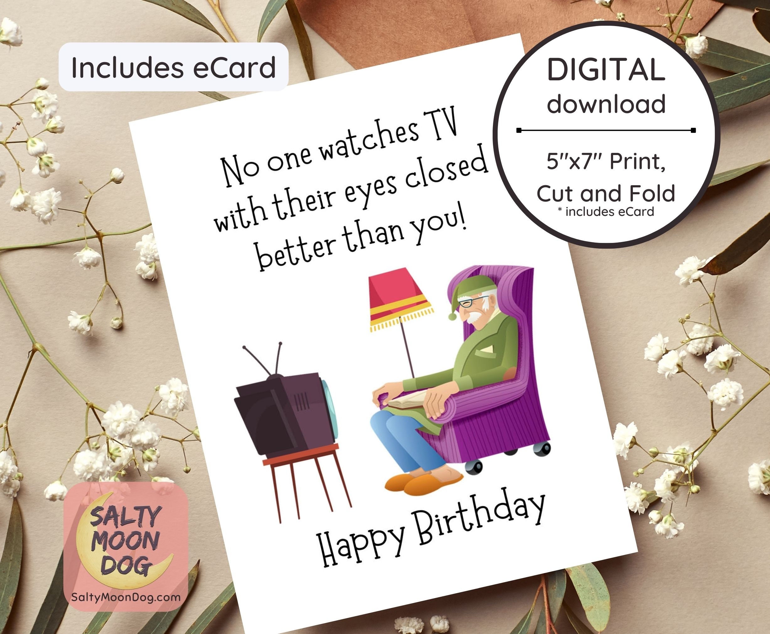Funny Birthday Card Blank Inside Watches TV With Eyes Closed Perfect ...