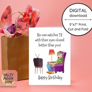 Funny Birthday Card | Blank Inside | Watches TV With Eyes Closed ...