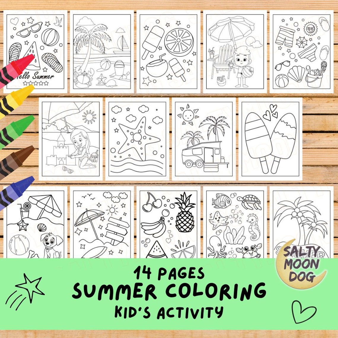 Summer Fun Coloring Page Set, Instant Download, Pool Party Activity ...