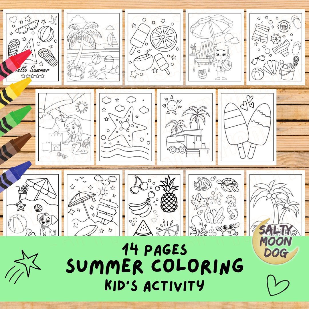 Summer Fun Coloring Page Set, Instant Download, Pool Party Activity ...