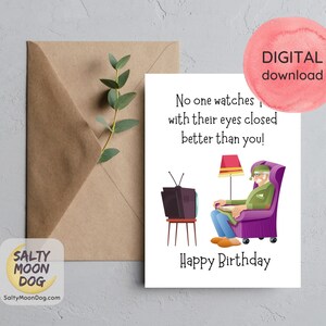 Funny Birthday Card | Blank Inside | Watches TV With Eyes Closed ...