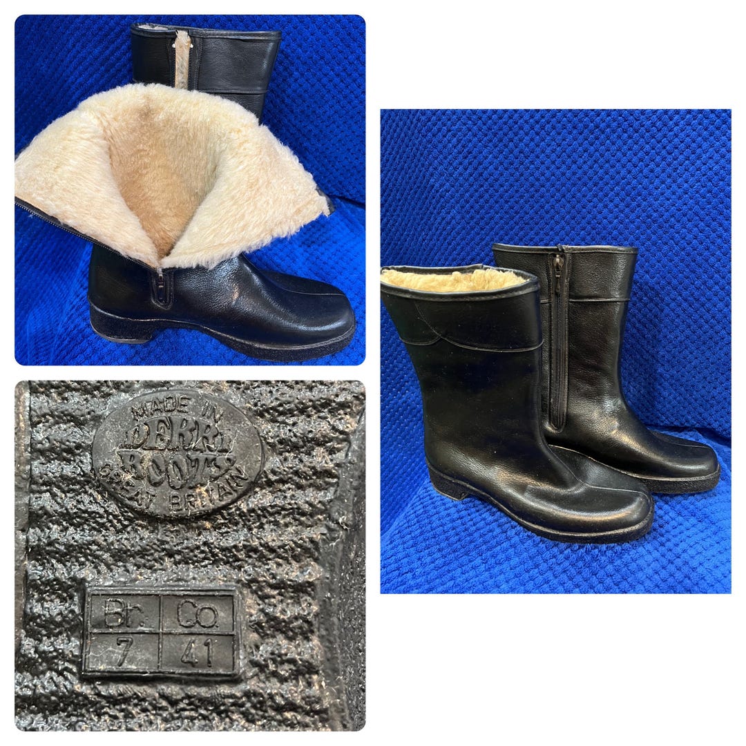 Vintage Original Derry Boots Wellingtons Black Rubber Faux Fur Lining ...
