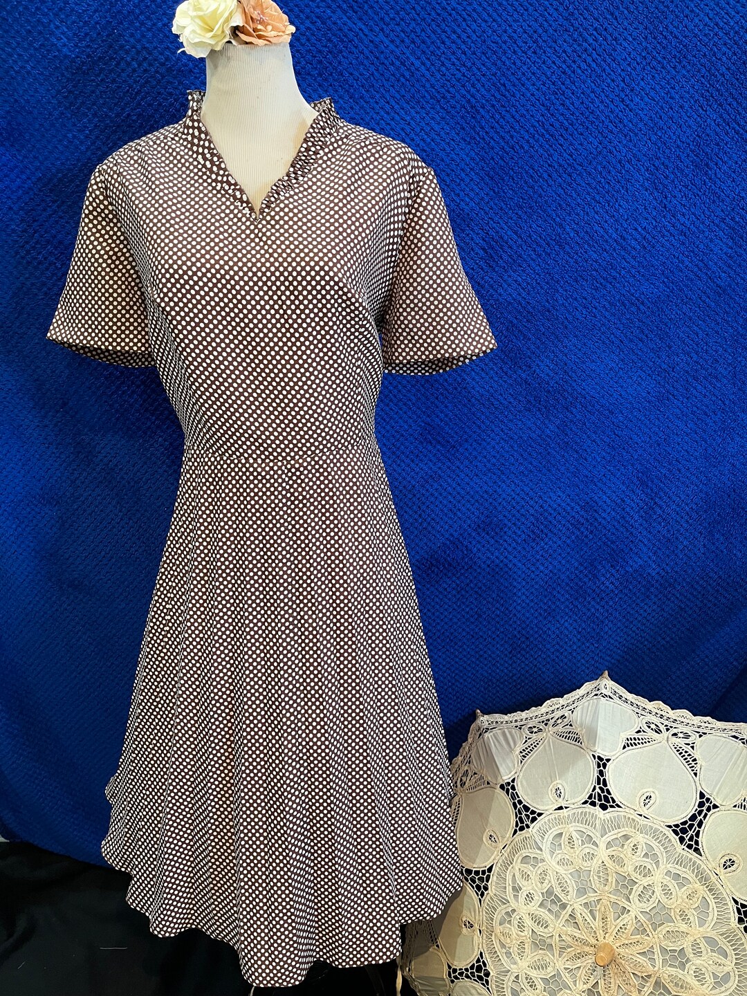 1940s 1950s Style Brown Polka Dot Dress Volup Homemade Waist 40” Bust ...