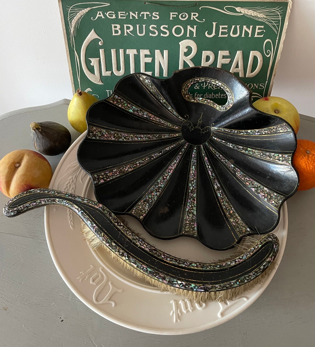 Beautiful Vintage Papier Mache Crumb Tray and Wooden Brush Set Silent ...