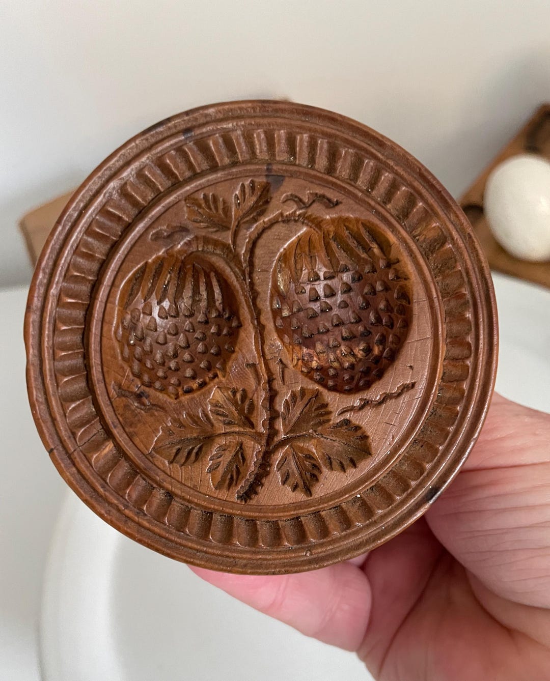 Antique Wooden Treen Butter Stamp - Biscuit Stamp Mould - Strawberries ...