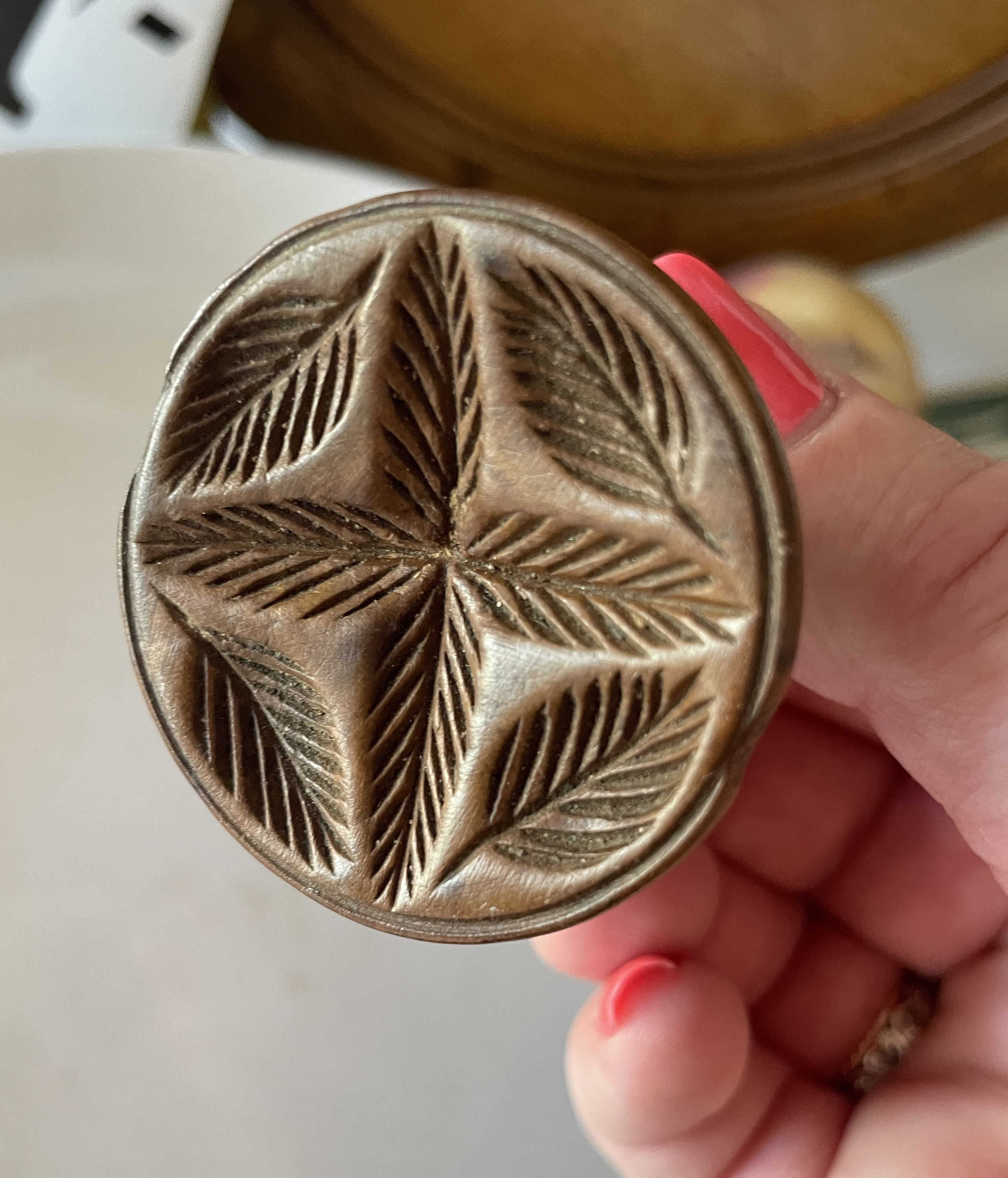 Antique Treen Butter Stamp – Small Dairy Mold, Leaves/feathers Design ...