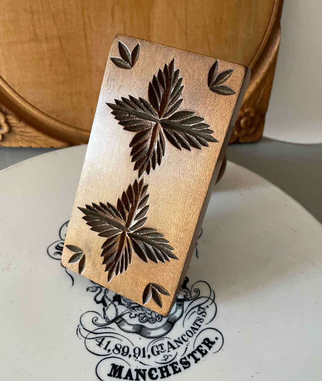 Antique Treen Dairy Butter Stamp - Flowers or Leaves Rectangular Carved ...