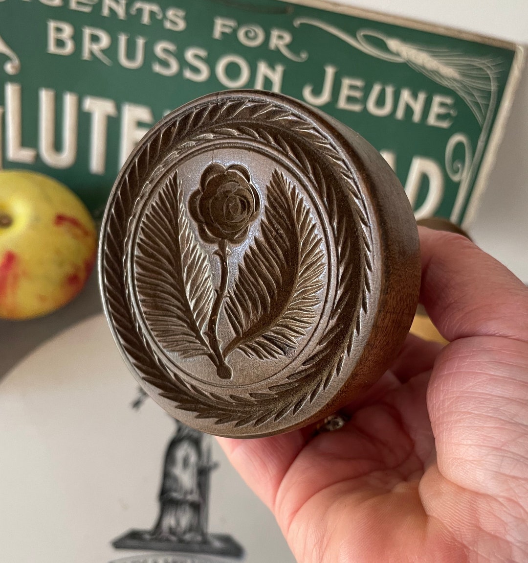 Antique Treen Dairy Butter Stamp - Rose Flower and Large Leaves Carved ...