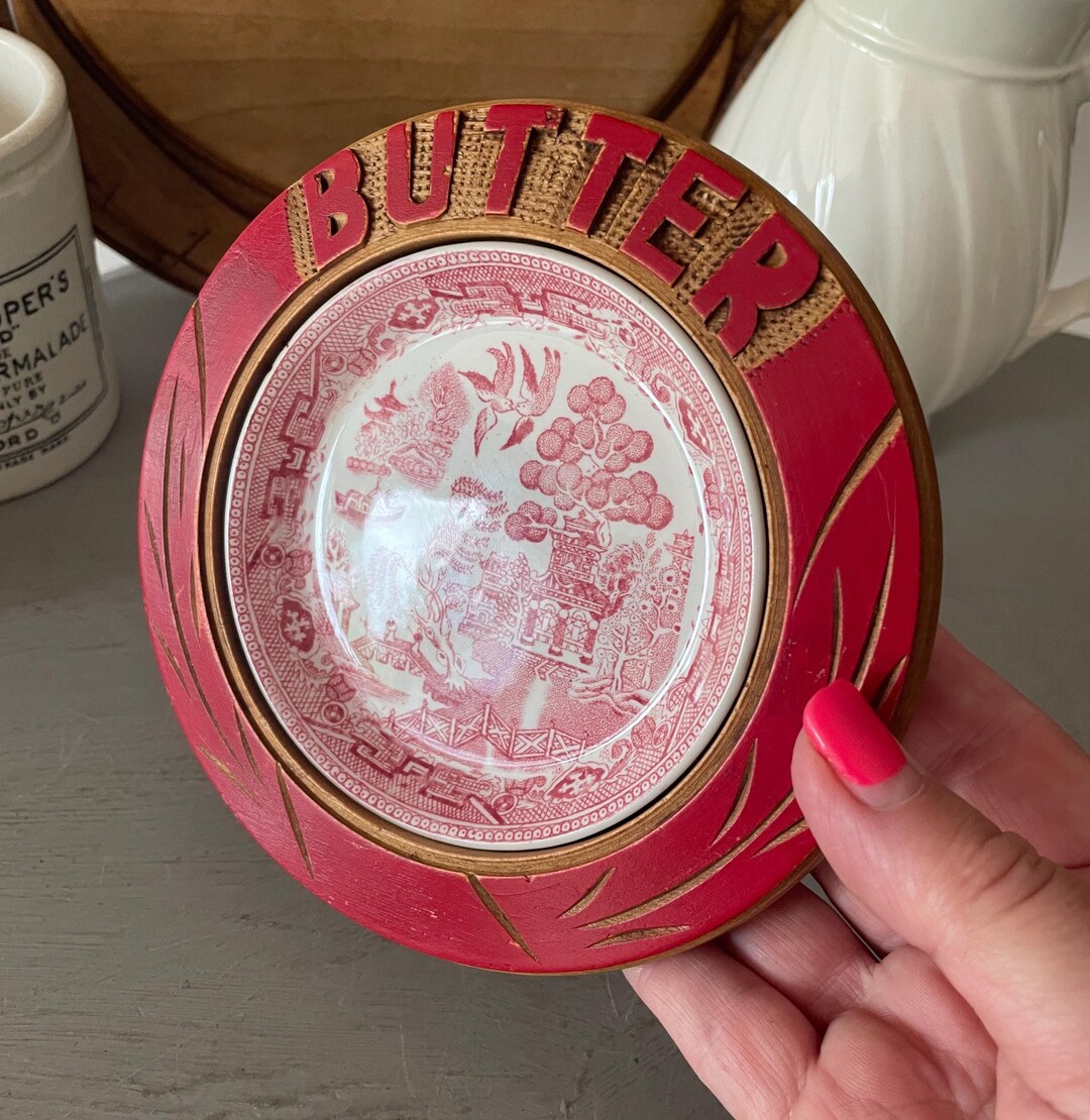 Vintage Treen Dairy Butter Dish - Red and White Willow Butter Plate ...