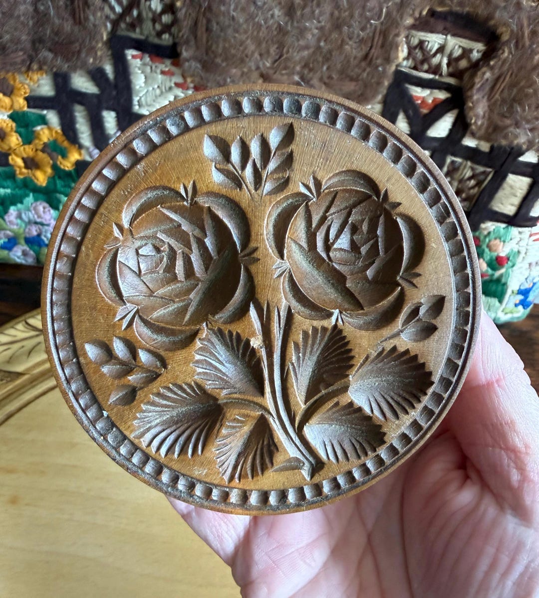 Large Antique Treen Butter Stamp – Wooden Biscuit Mould, 2 Roses Design ...