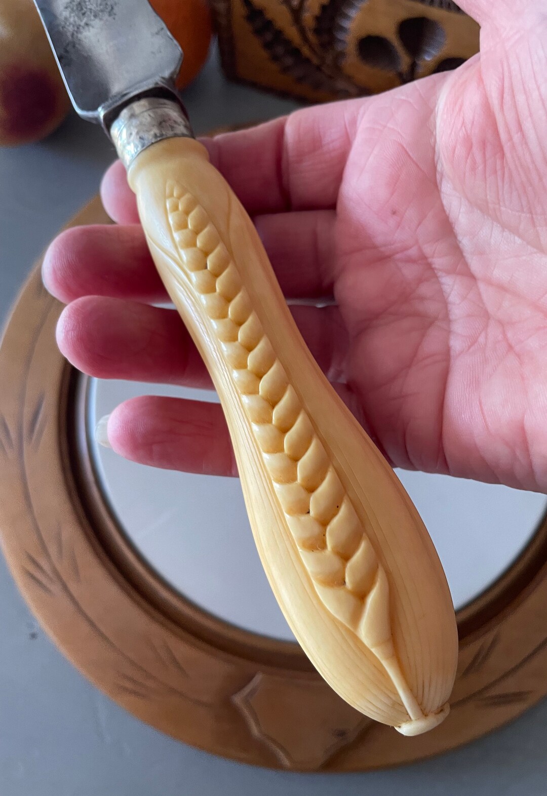 Antique Victorian Carved WHEAT Bone Handle English Bread Cutter Slicer ...