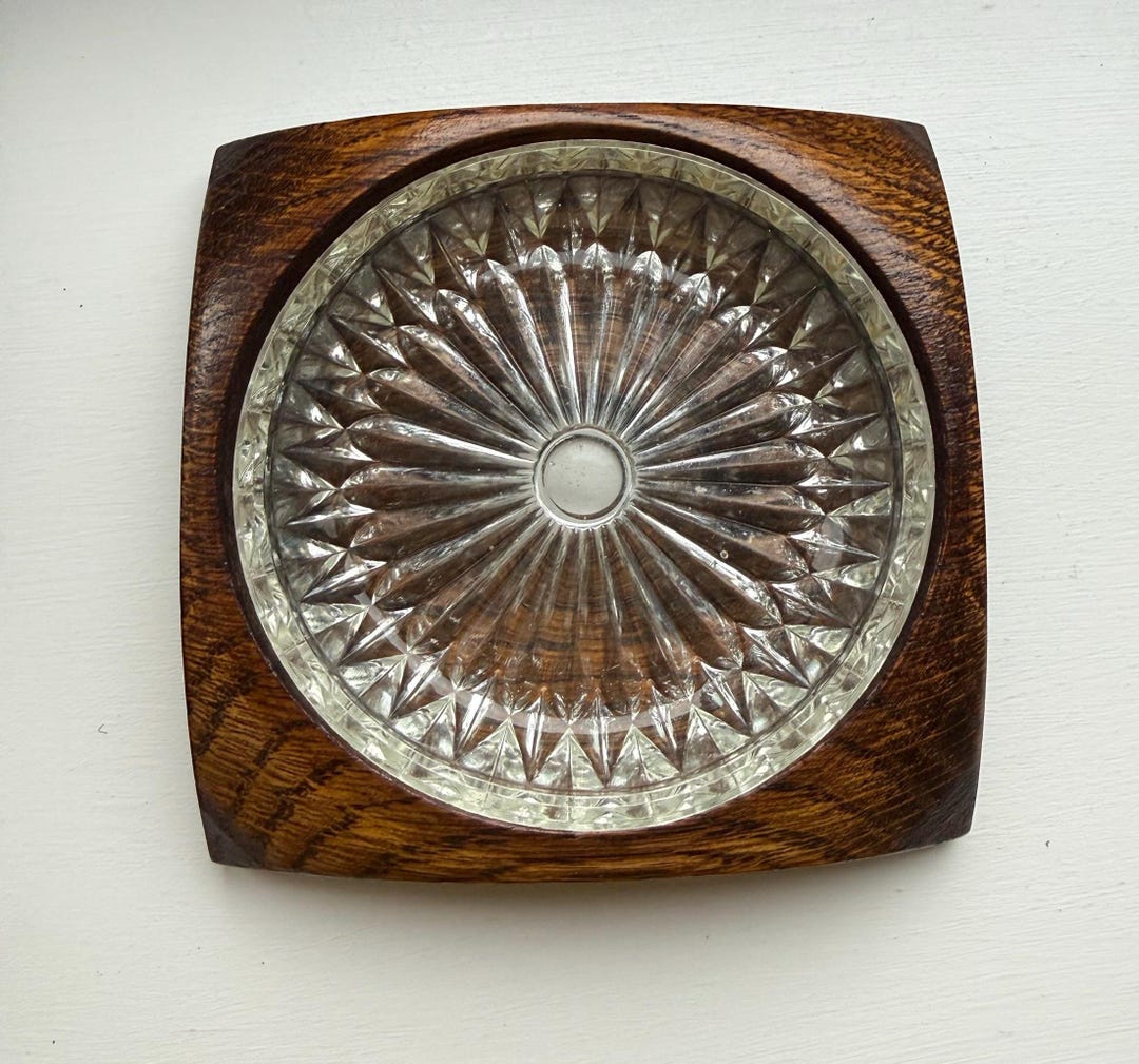 Antique English Carved Oak Treen Wooden Butter Dish With Pressed Glass ...